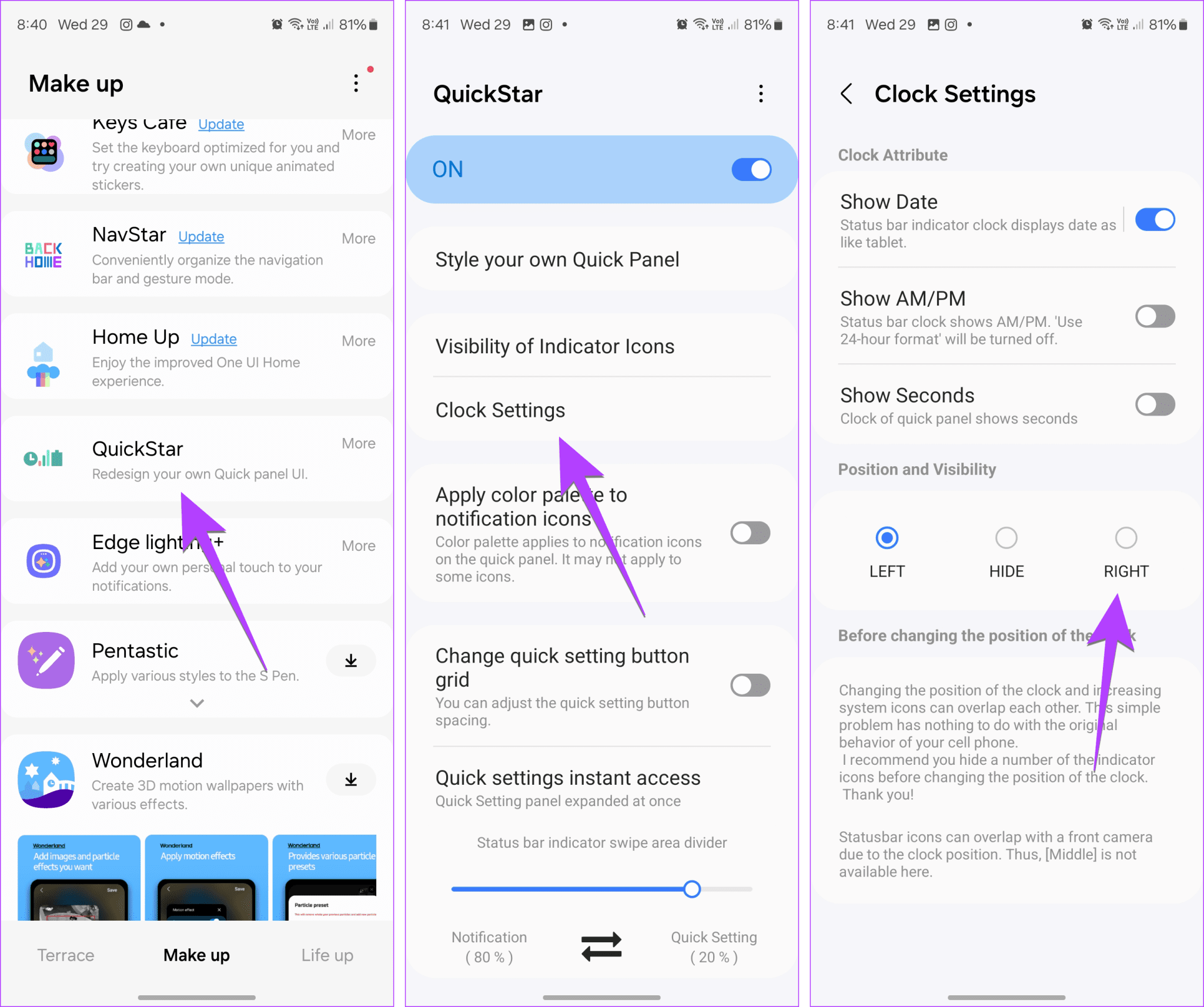 How to Change Status Bar Clock Position or Remove It on Samsung Phone ...