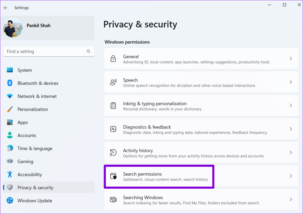 Search Settings In Windows 10 Permissions History